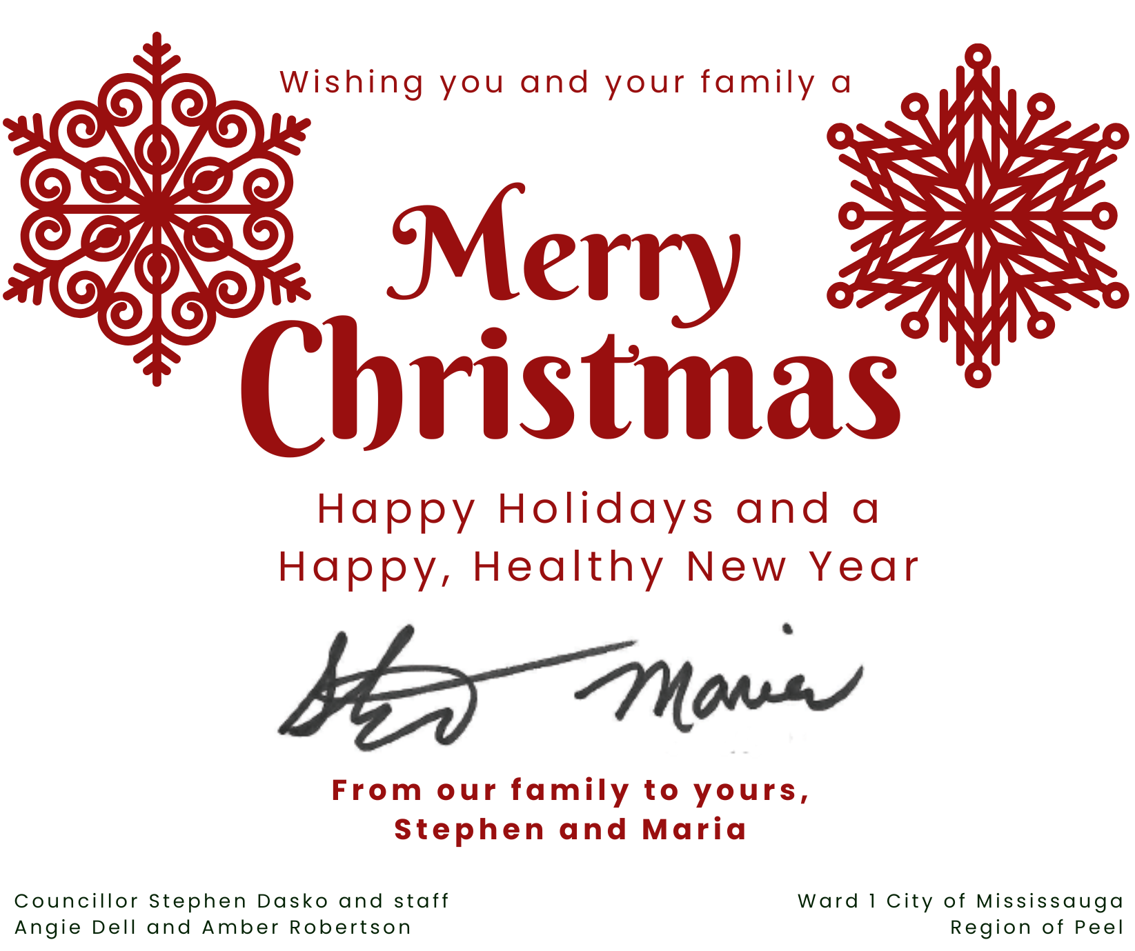 Merry Christmas and Happy Holidays – Councillor Stephen Dasko, Ward 1