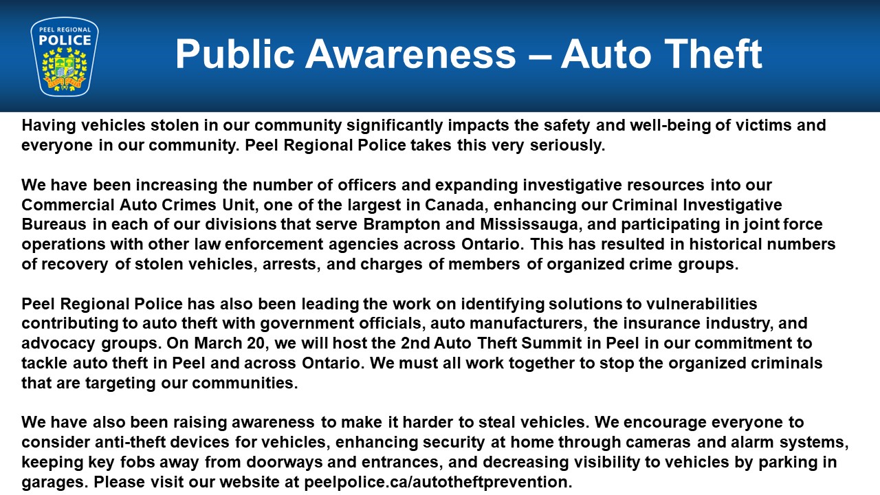 Peel Regional Police Announcement – Public Awareness – Auto Theft ...