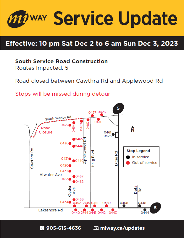MiWay Service Update – Route 5 – December 2-3, 2023 – Councillor ...
